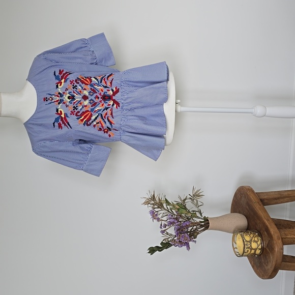 Mango | Tops | Mango Blue And White Striped Peplum Top With Embroidery ...